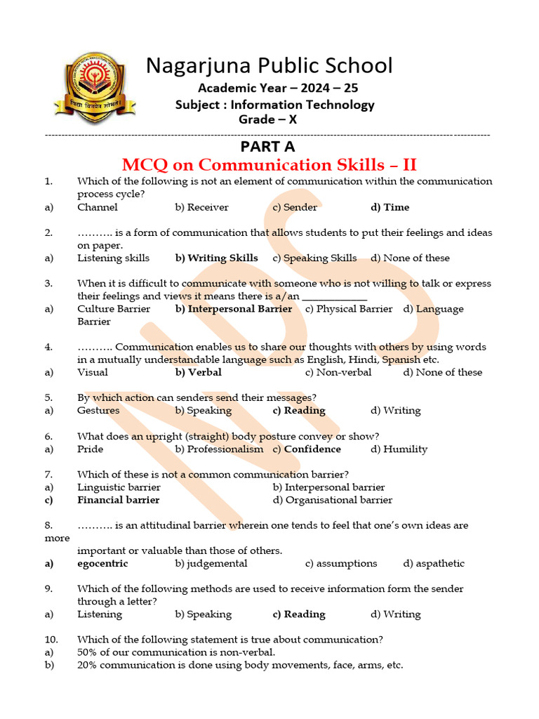 Communication Skills MCQ for Grade X | PDF | Operating System ...