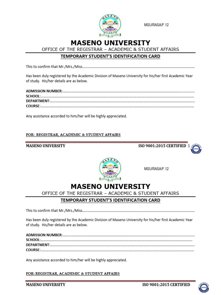 Maseno University Temporary ID Card | PDF
