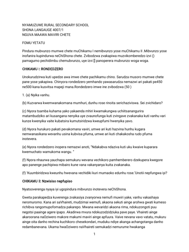Shona Exam 2024 Final Fomu 3_100247 | PDF
