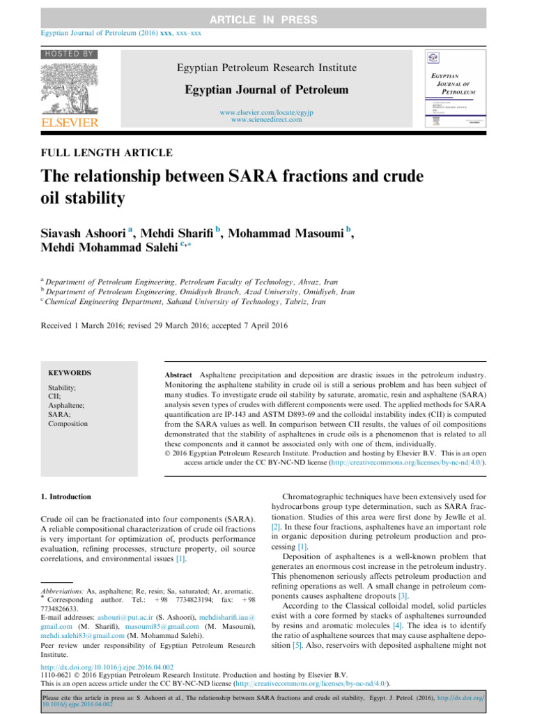 SARA Fractions and Crude Oil Stability | PDF | Petroleum | Solubility