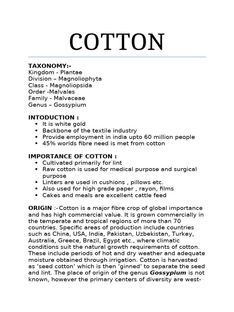 Cotton: Taxonomy, Importance, and Cultivation | PDF | Cotton | Sowing