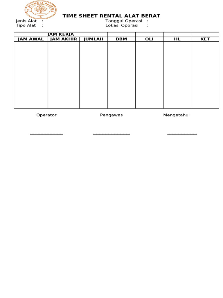 Time Sheet Rental Alat Berat | PDF