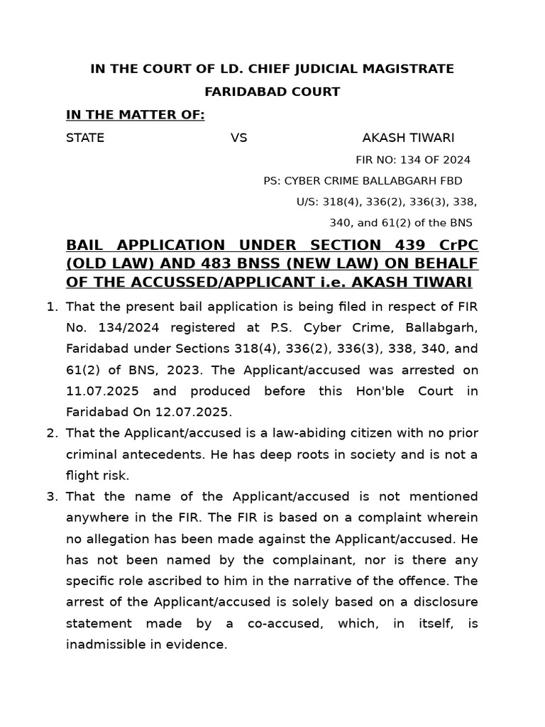 BAIL APPLICATION AKASH TIWARI (1) | PDF | Bail | Crime & Violence