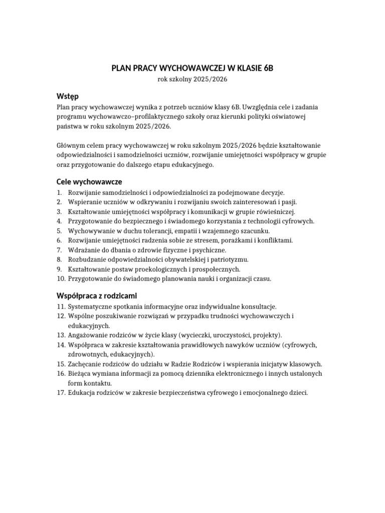 Plan Pracy Wychowawczej W Klasie 6 B | PDF
