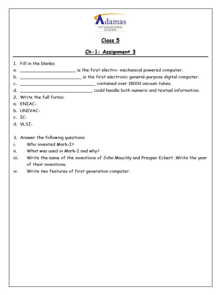 Class 5 - Ch-1 - Assignment 3 | PDF