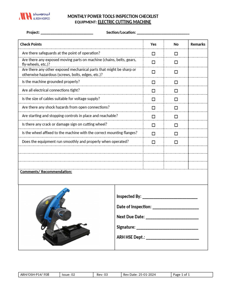Electric Cutting Machine Checklist | PDF