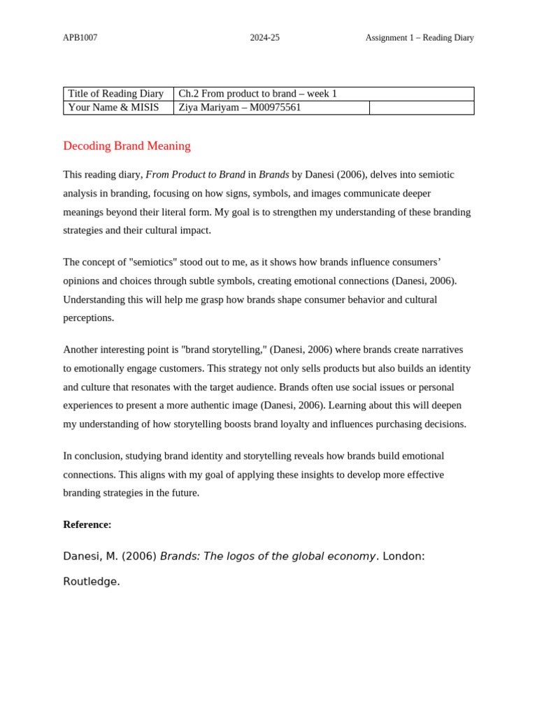 Decoding Brand Meaning - Reading Diary Week 1 | PDF