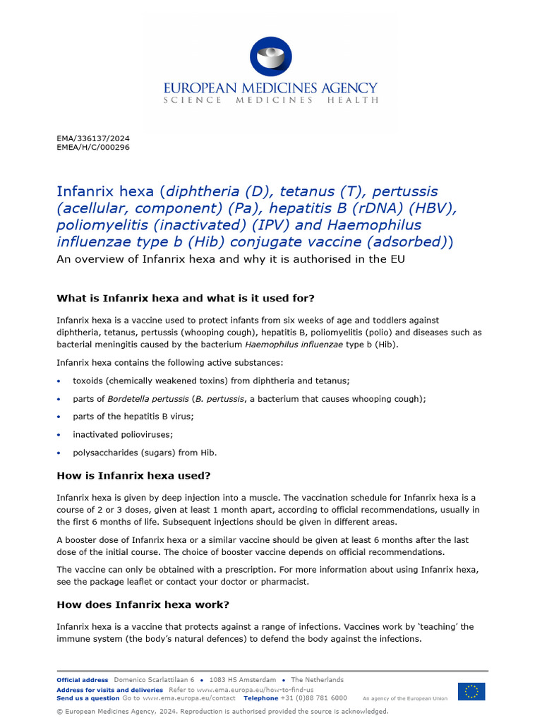 Infanrix Hexa Epar Medicine Overview en | PDF | Vaccines | Medical ...