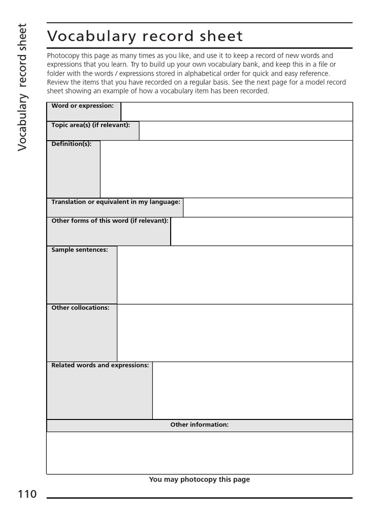Vocabulary Record Sheet Template | PDF