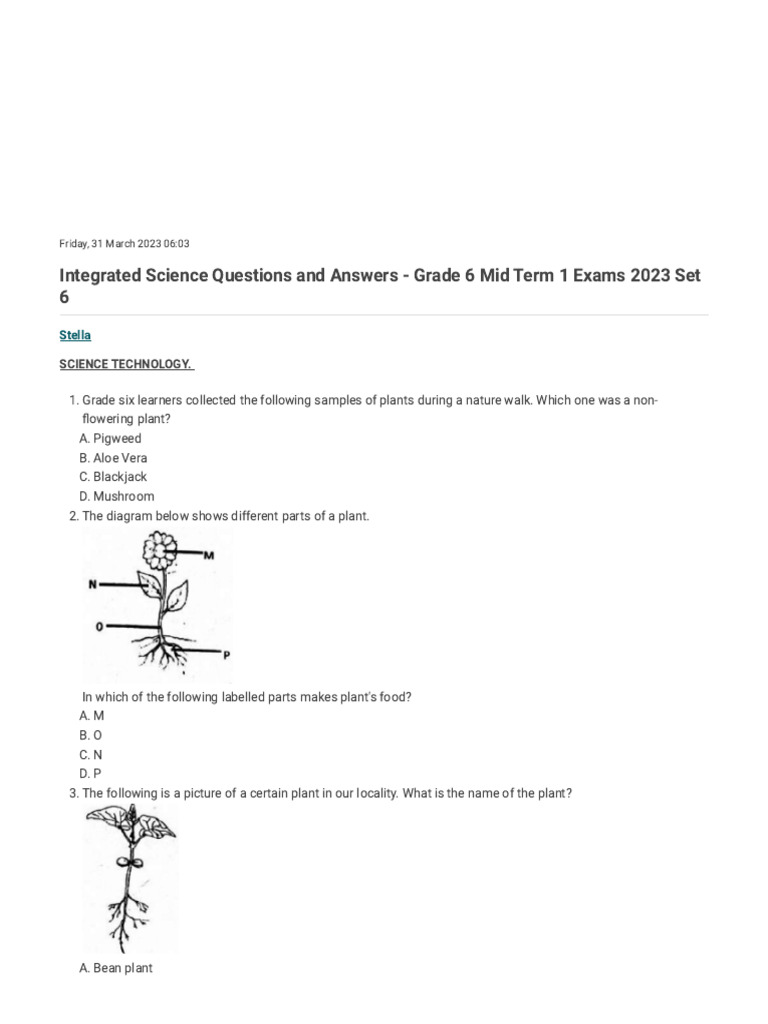 Integrated Science Questions and Answers - Grade 6 Mid Term 1 Exams ...