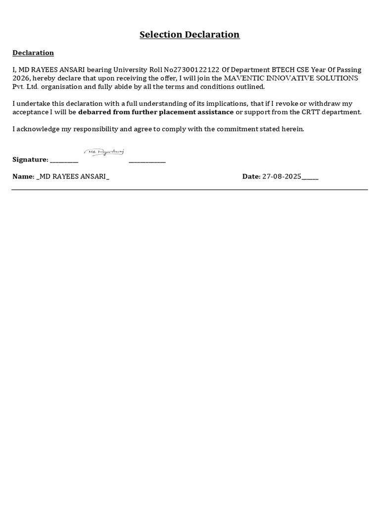 Selection Declaration for Maventics Job Offer | PDF