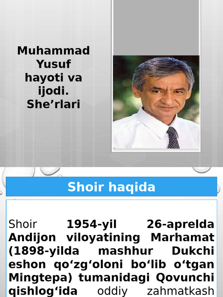 8-SINF. Muhammad Yusuf Hayoti Va Ijodi. She'Rlari | PDF