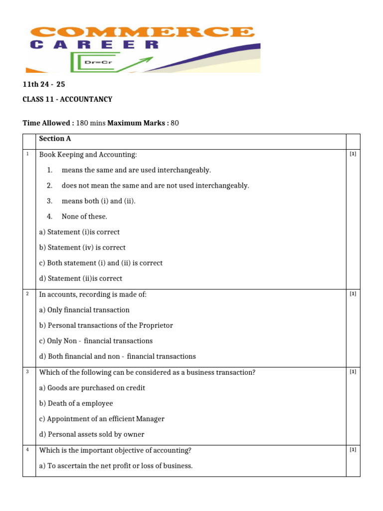 Class 11 Accountancy Exam Questions | PDF | Debits And Credits | Going ...