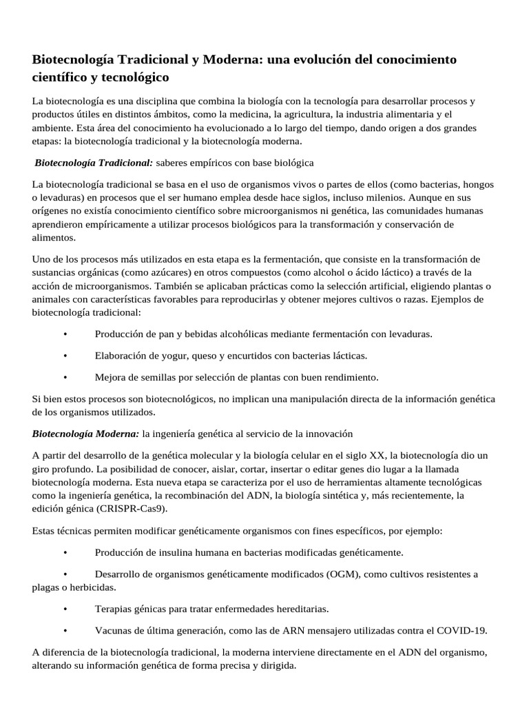 Biotecnología Tradicional y Moderna | PDF | Biotecnología | Ingeniería ...