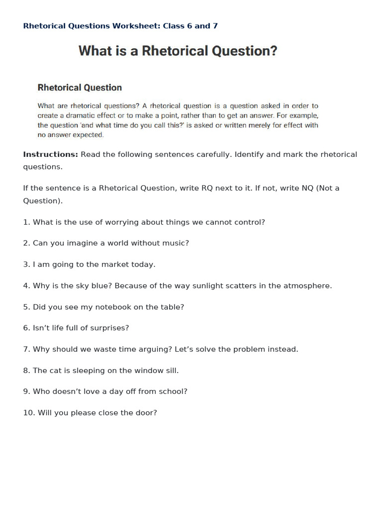 Rhetorical Questions Worksheet for Class 6-7 | PDF