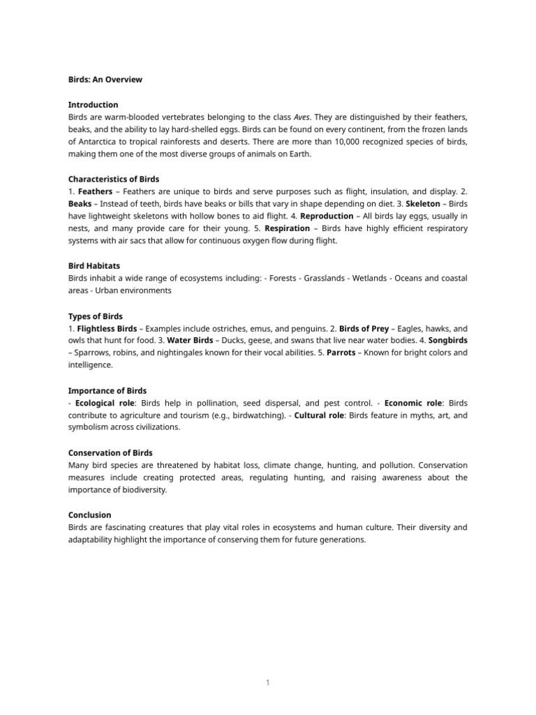 Key Characteristics of Birds | PDF