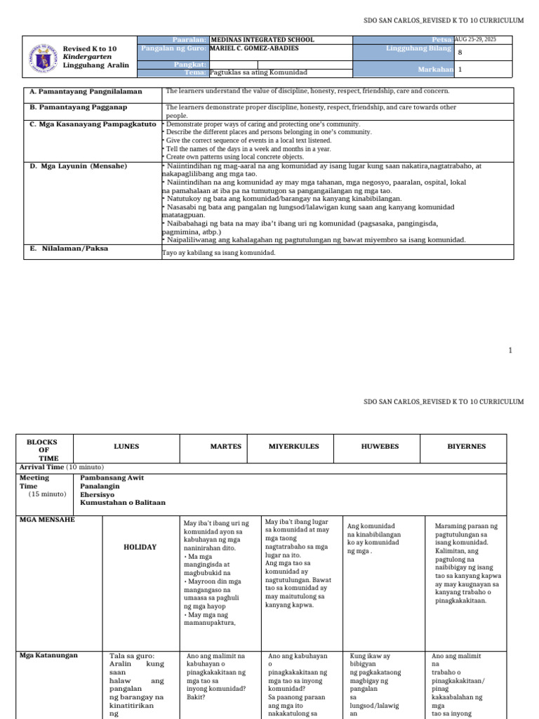 Kindergarte DLL Quarter 2 Week 1 | PDF