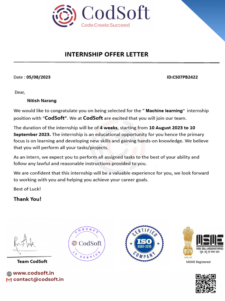 Machine Learning Internship Offer Letter | PDF