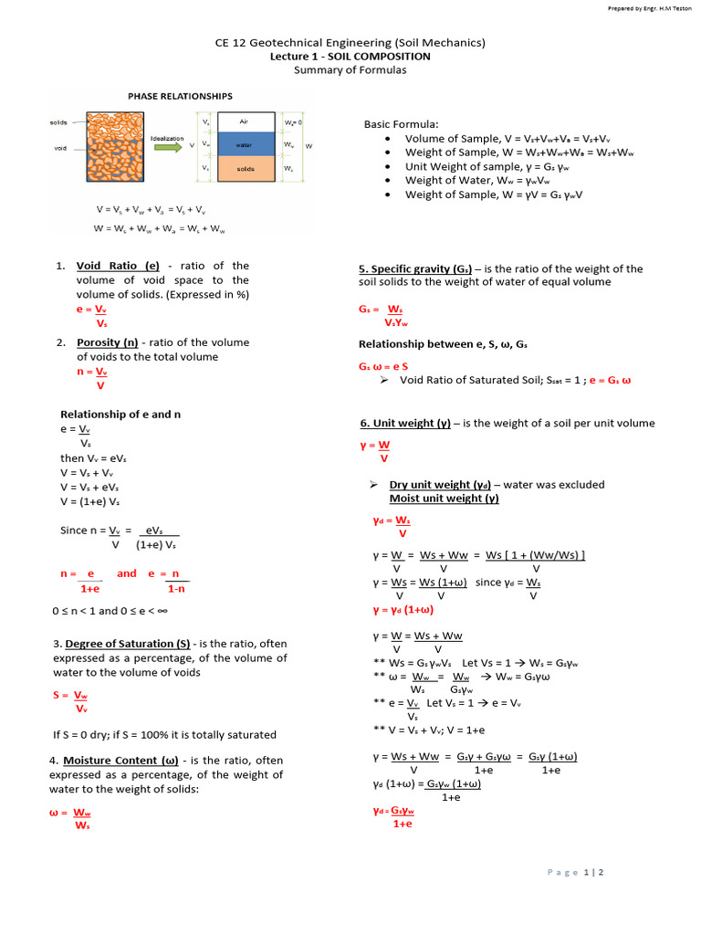 Soil Composition Formulas | PDF | Soil Science | Geotechnical Engineering