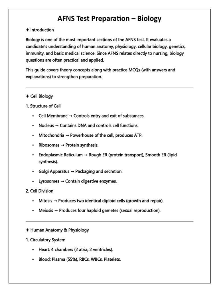 AFNS Biology Test Prep Guide | PDF | Digestion | Endoplasmic Reticulum