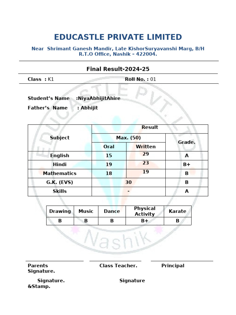 Pre-Primary Result Sheet 2024-25 | PDF