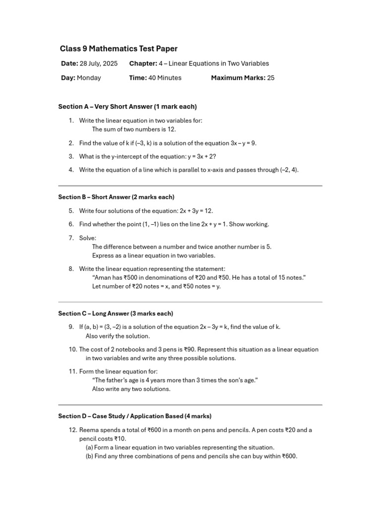 Class 9 Linear Equations Test Paper | PDF