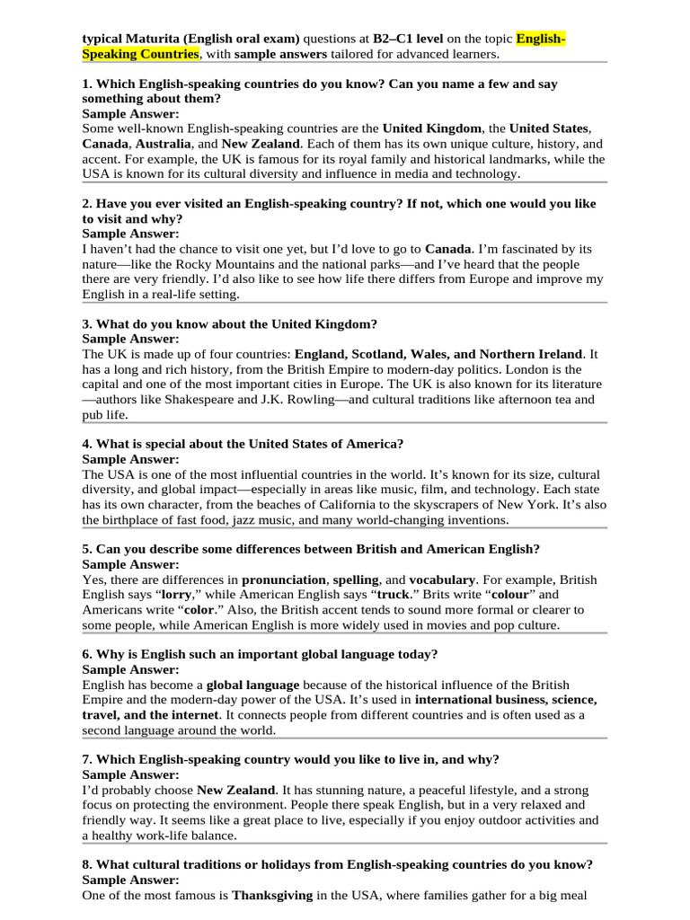 Maturita Questions on English-Speaking Countries | PDF | English ...