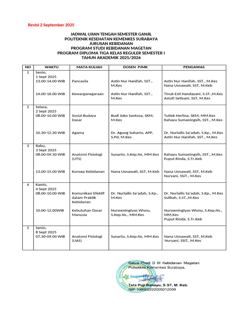 Rev 2 Sept 2025 - Jadwal Uts - SMT 1 - Ta 2025-2026 | PDF