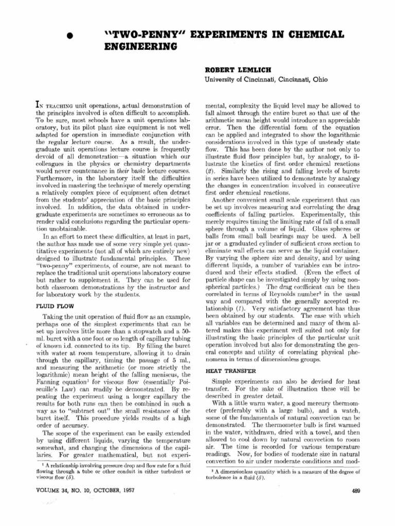 Two-penny Experiments in Chemical Engineering Lemlich1957 | PDF ...