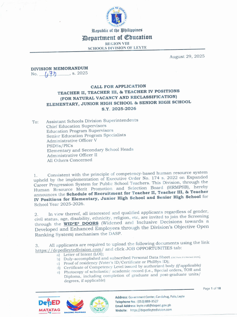 DM No. 673 S. 2025 Call For Application Teacher II Teacher III Teacher ...
