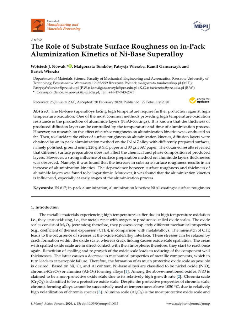 The Role of Substrate Surface Roughness On In-Pack Aluminization ...