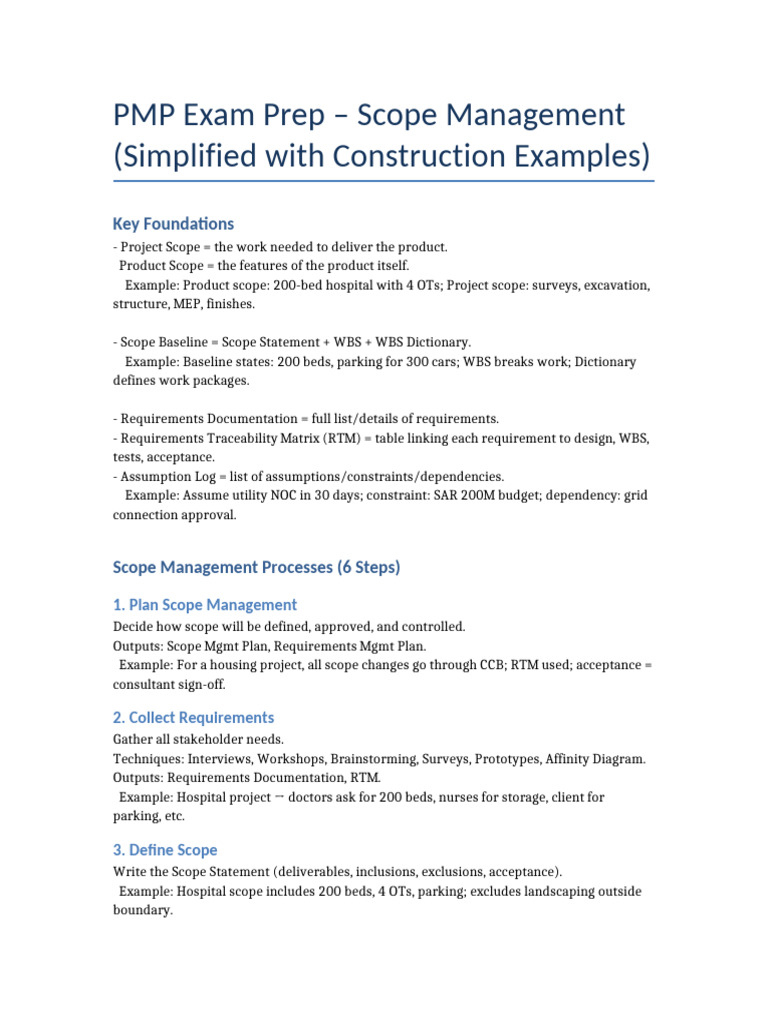 PMP Scope Management Study Notes | PDF
