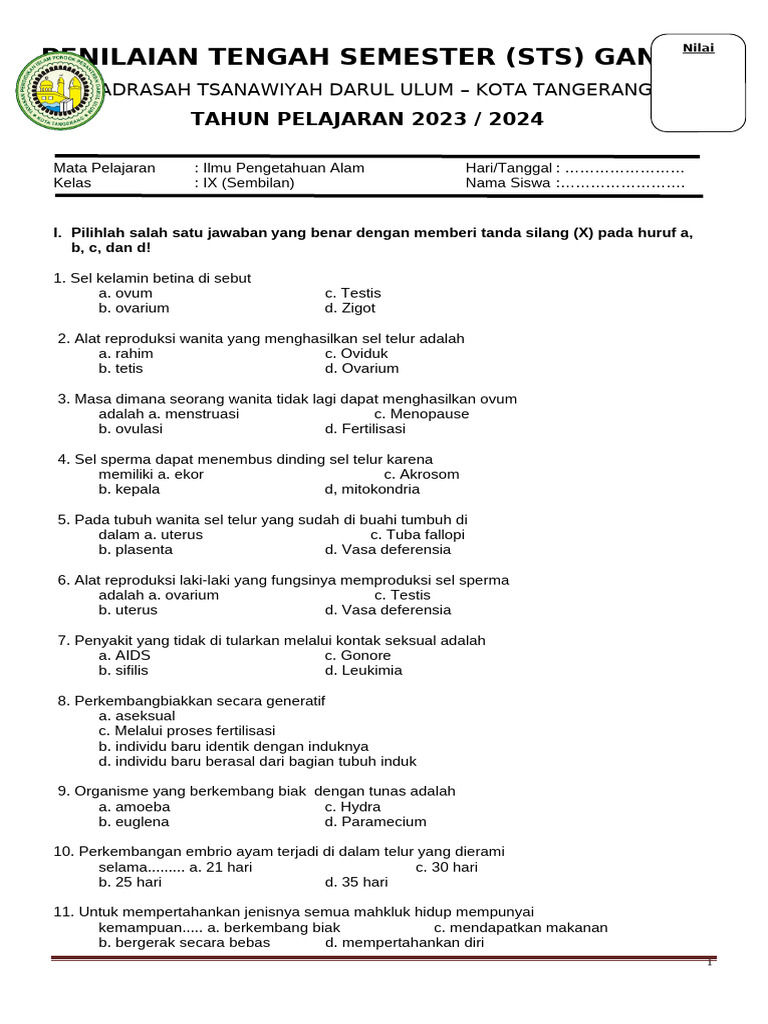 Soal IPA PTS Ganjil TA 2023-2024 (Kelas 9 MTs) | PDF