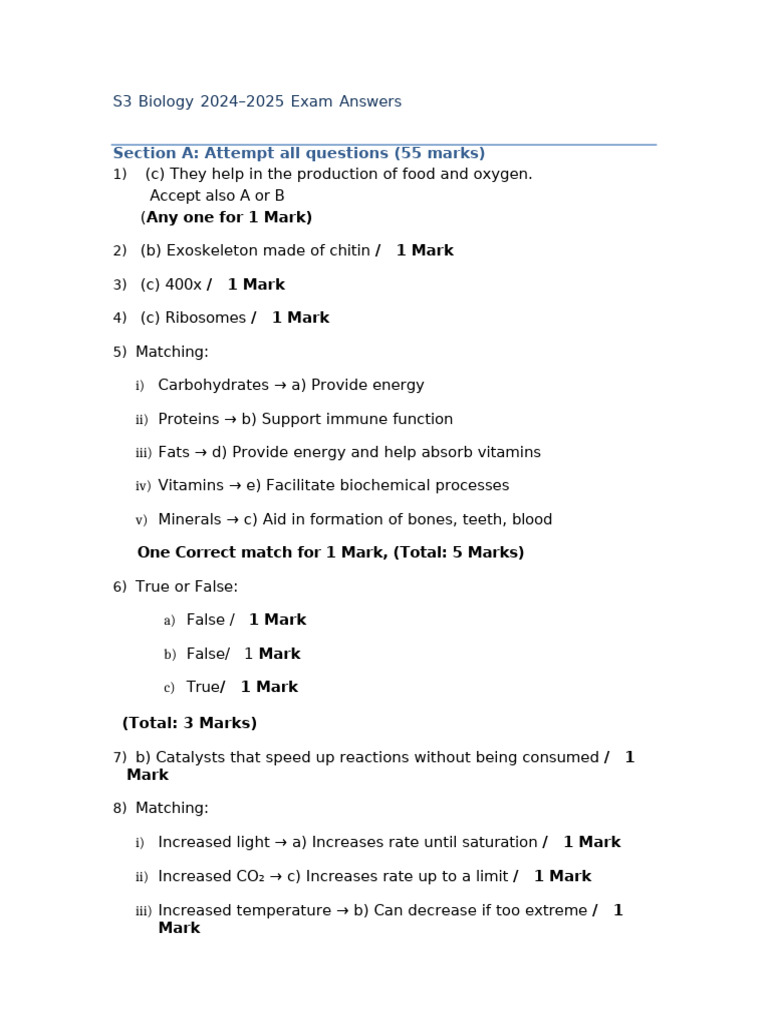 S3 Biology Exam Answers 2024-2025 | PDF | Predation | Fertilisation