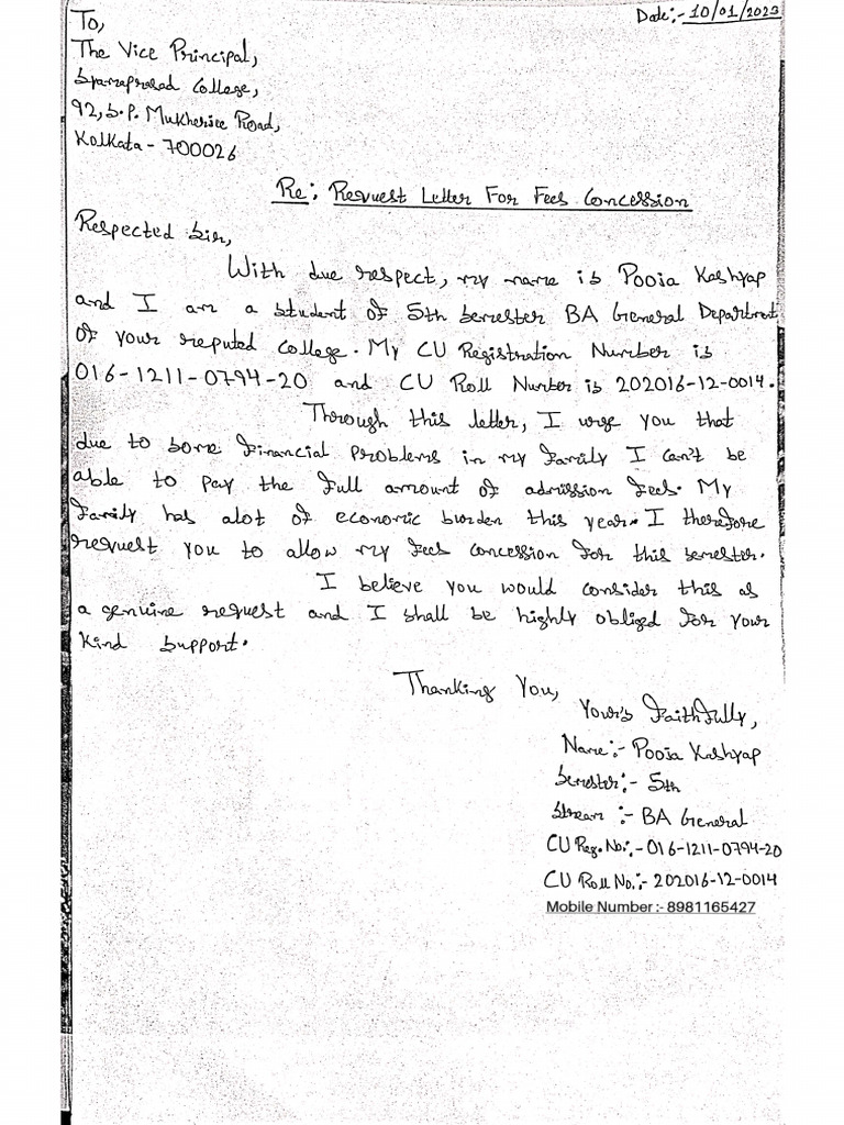 Request Letter For Fees Concession | PDF