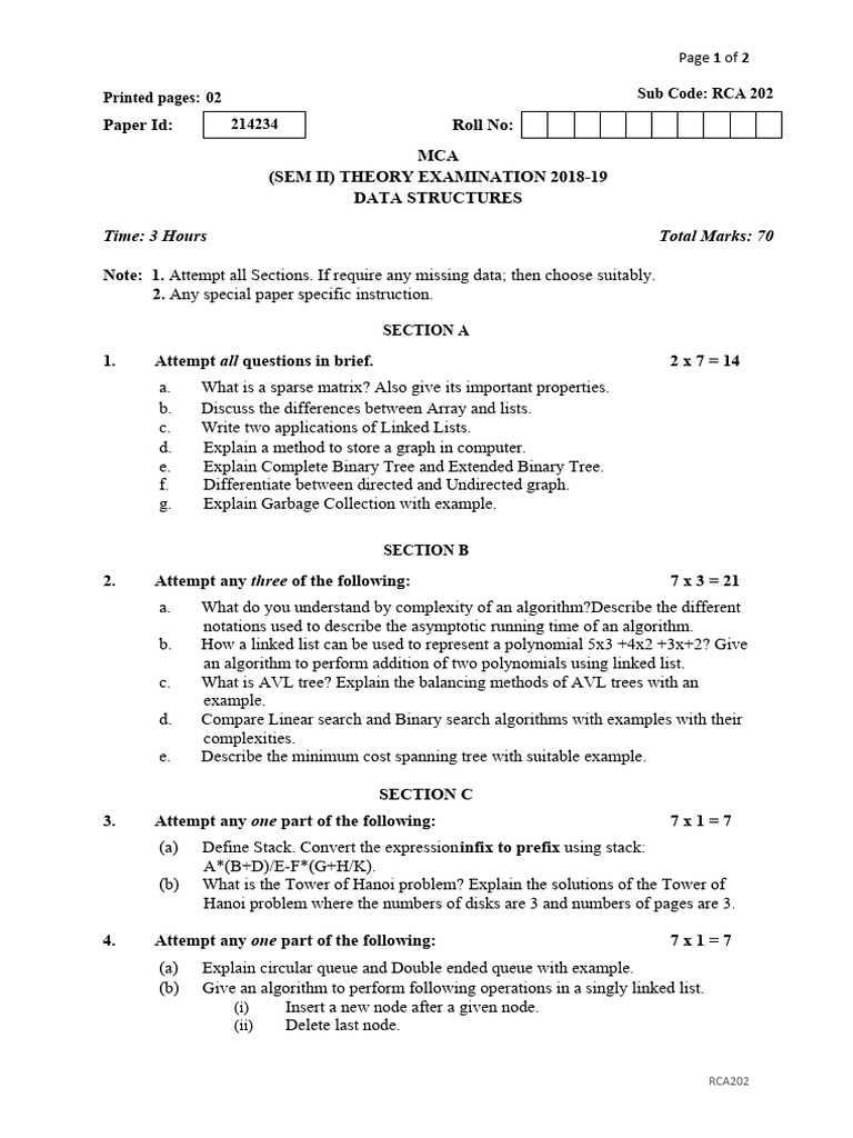 Mca 2 Sem Dsa Rca202 2019 | PDF | Applied Mathematics | Algorithms And ...