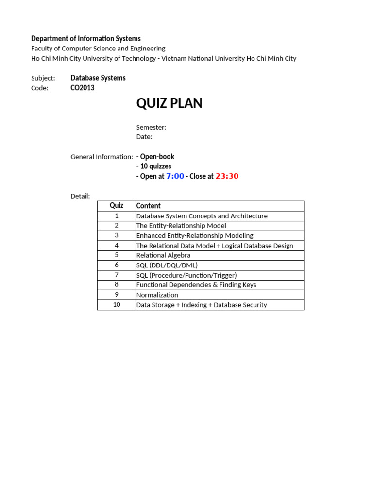 Database Systems Quiz Plan 2025 | PDF