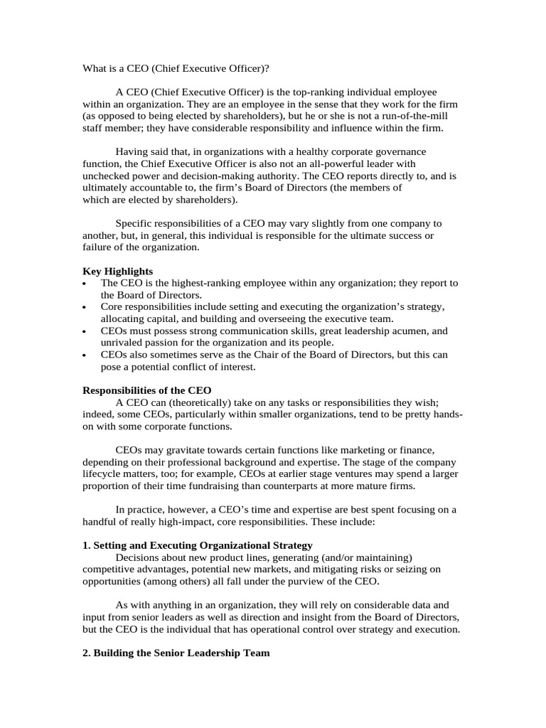 CEO Roles and Responsibilities Explained | PDF | Chief Executive ...