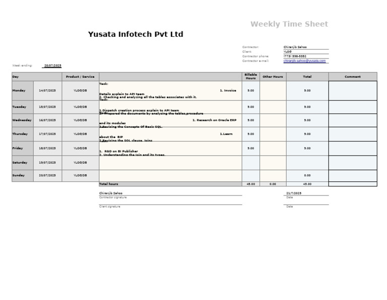Chiranjib Sahoo Weekly Timesheet For The Week Ending On 20-07-2025 | PDF