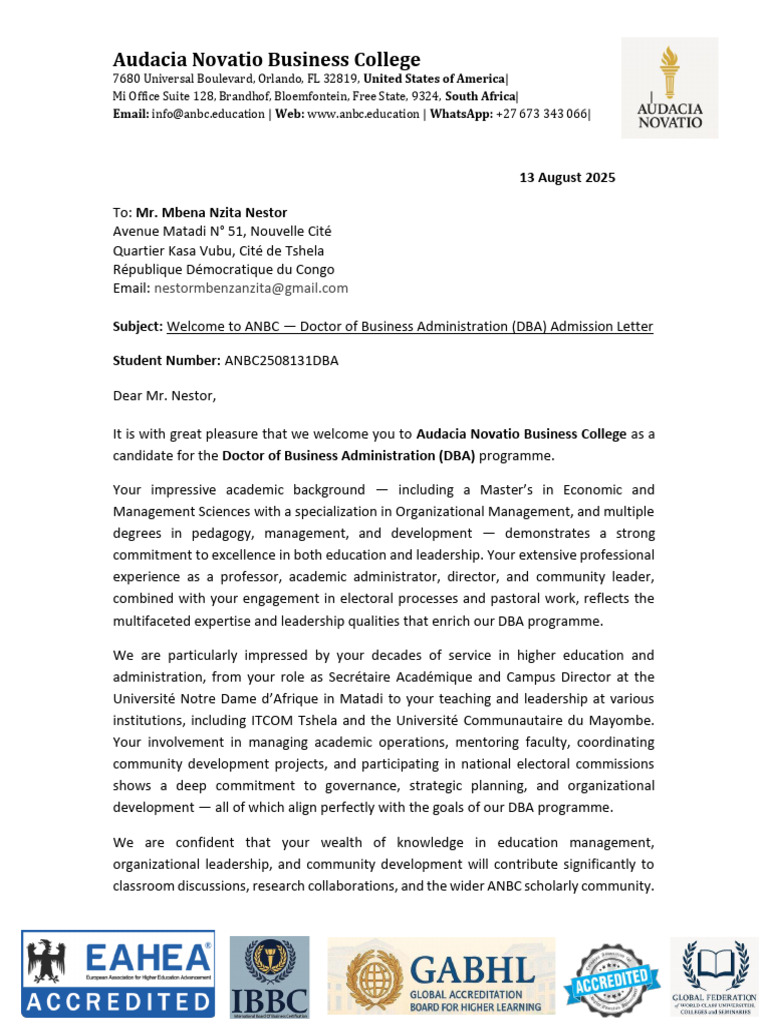 DBA Admission Welcome Letter | PDF | Pay Pal | Payments