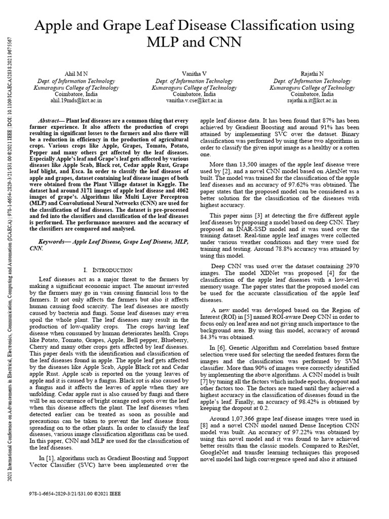Apple and Grape Leaf Disease Classification Using MLP and CNN | PDF | Statistical Classification ...