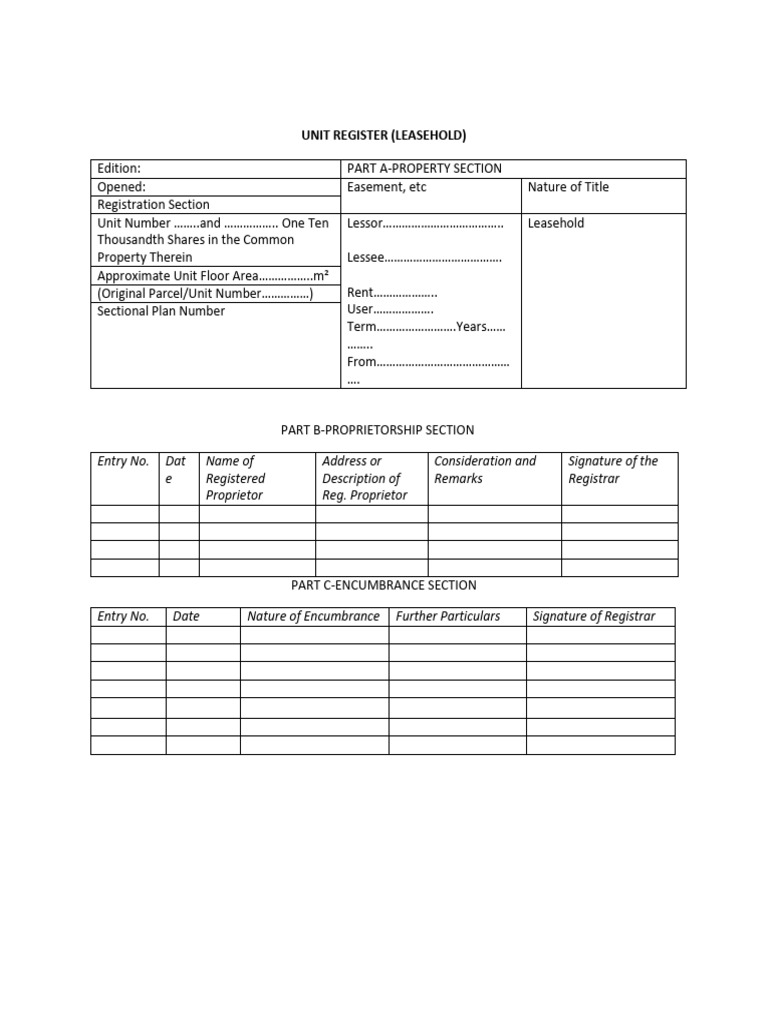 Form SP 12 Unit Register Leasehold | PDF