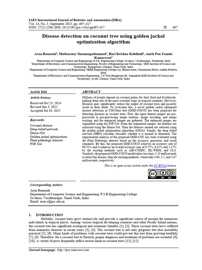Disease Detection On Coconut Tree Using Golden Jackal Optimization Algorithm | PDF | Image ...
