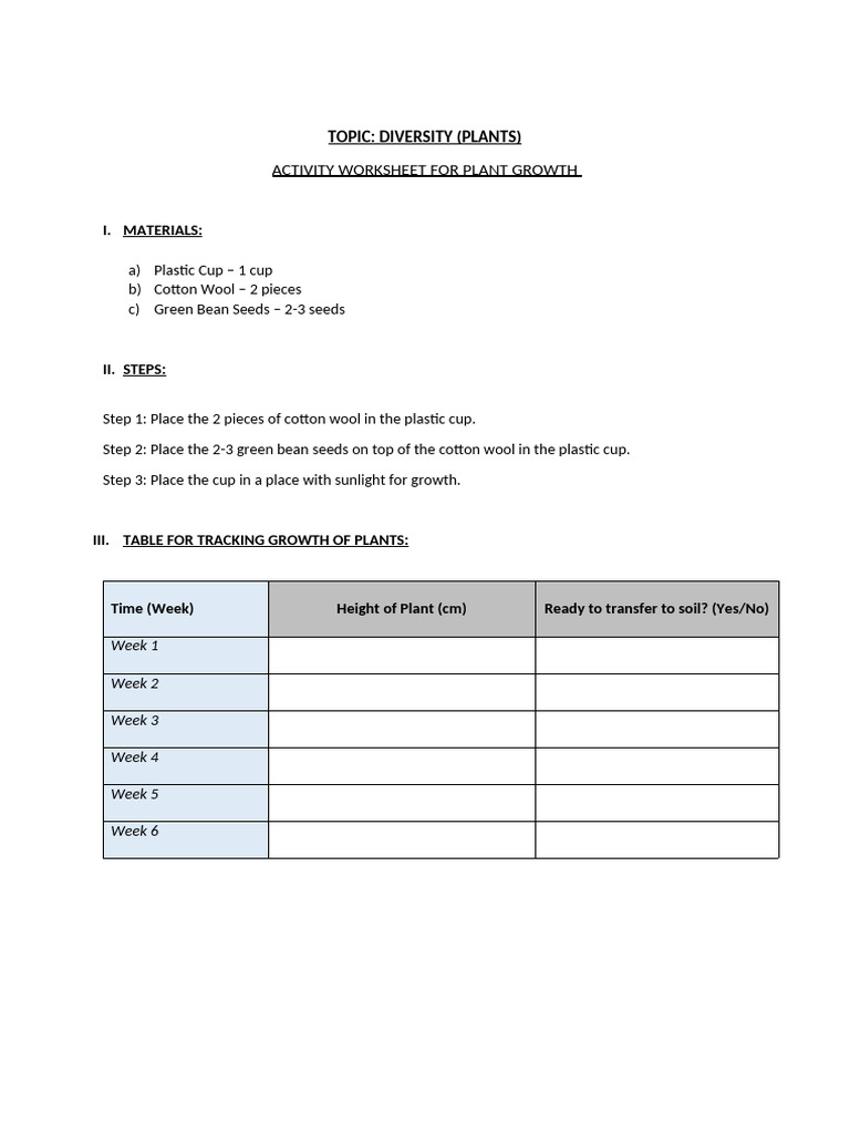 Activity Worksheet For Plant Growth | PDF