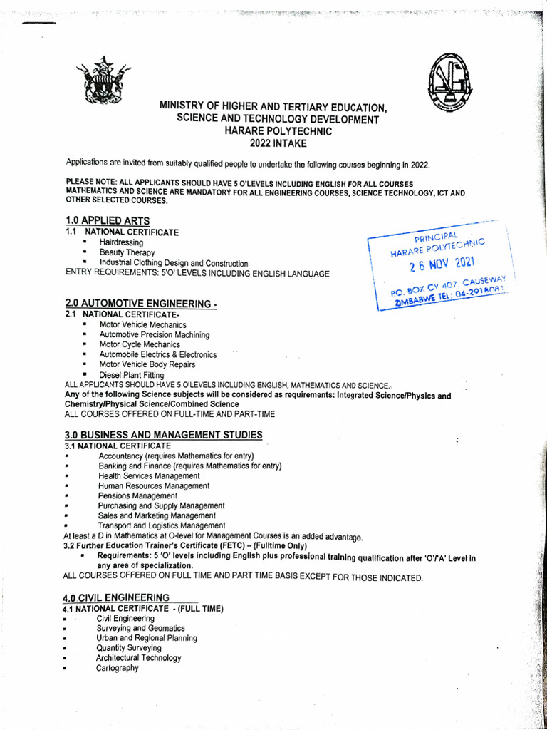 Harare Polytechnic 2022 Course Intake | PDF | Engineering | Science