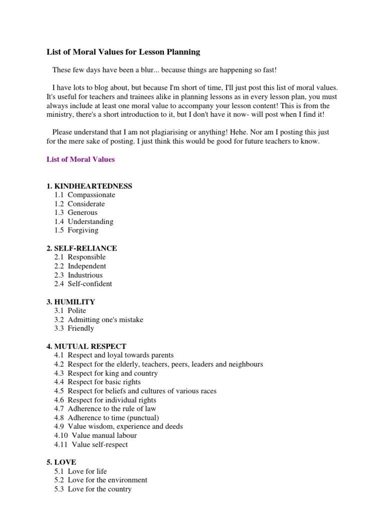 List of Moral Values For Lesson Planning | PDF | Free Will | Morality