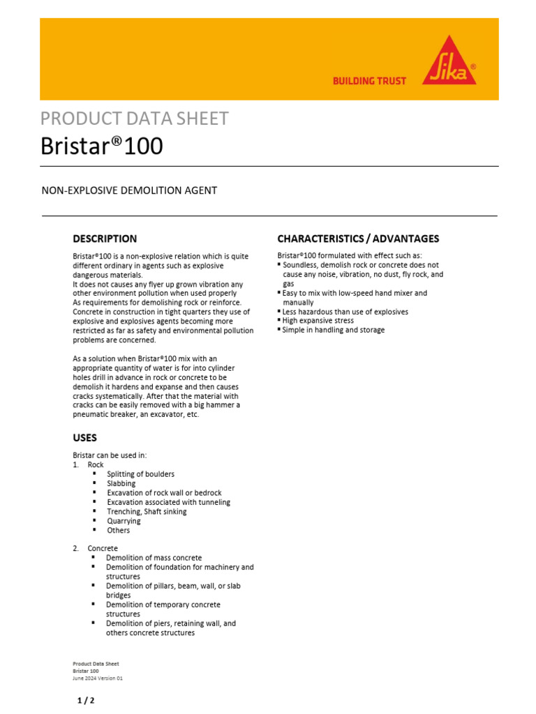 Bristar®100 Non-Explosive Demolition Agent | PDF | Concrete | Demolition