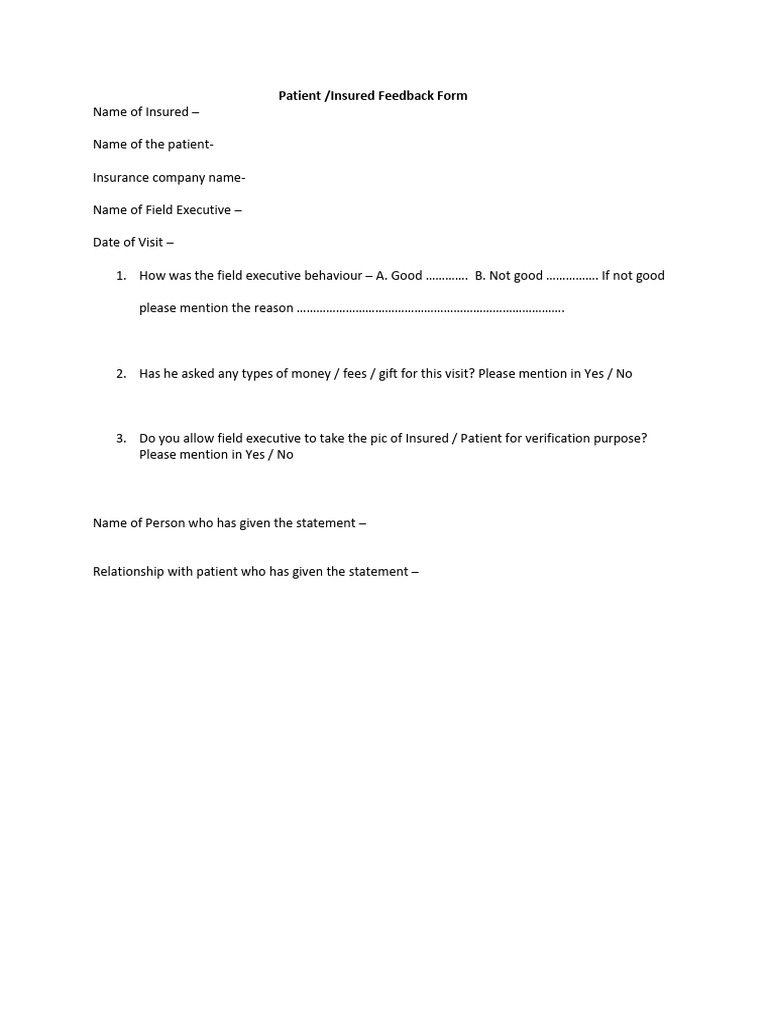 Patient Feedback Form for Insurance Visits | PDF