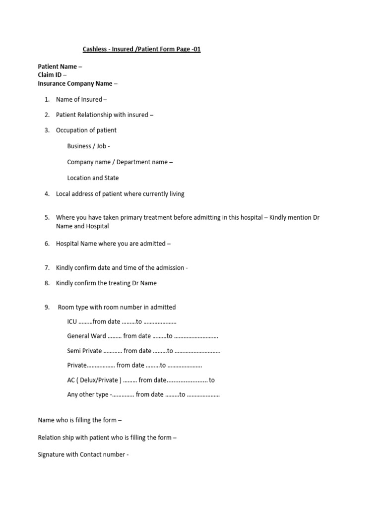 Cashless Patient Insurance Form Template | PDF | Medicine | Diseases ...