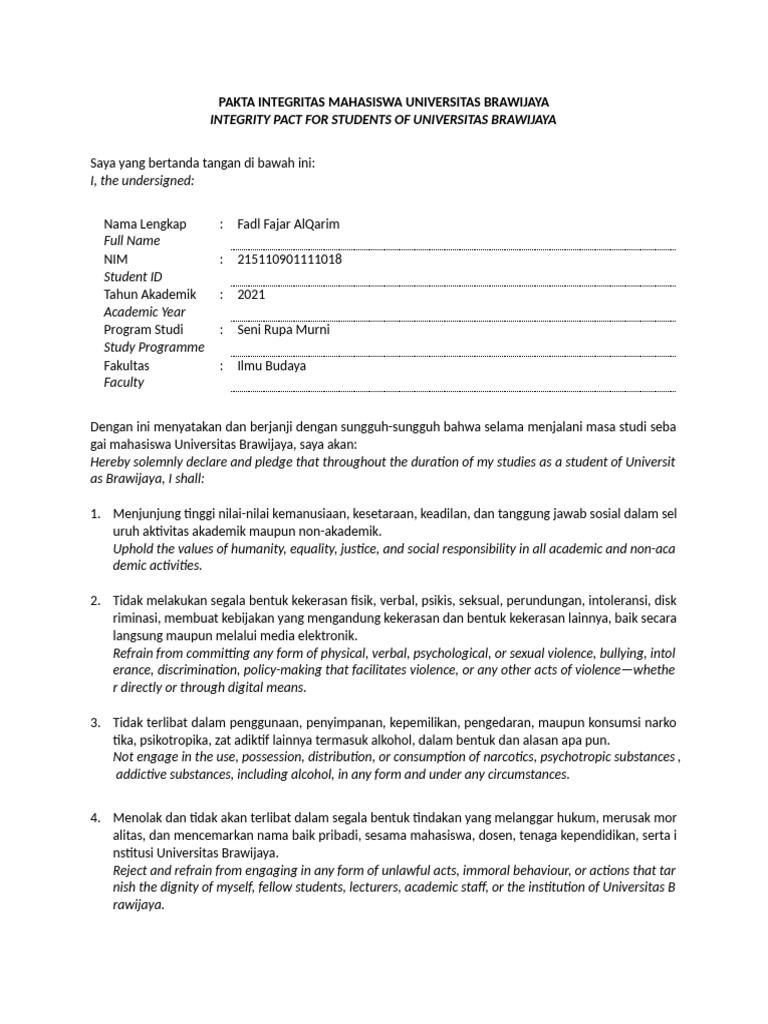 Pakta Integritas Mahasiswa UB_Rev | PDF